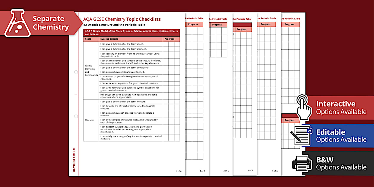 Editable Aqa Gcse Chemistry Topic Checklists 4 1 Atomic Structure And The