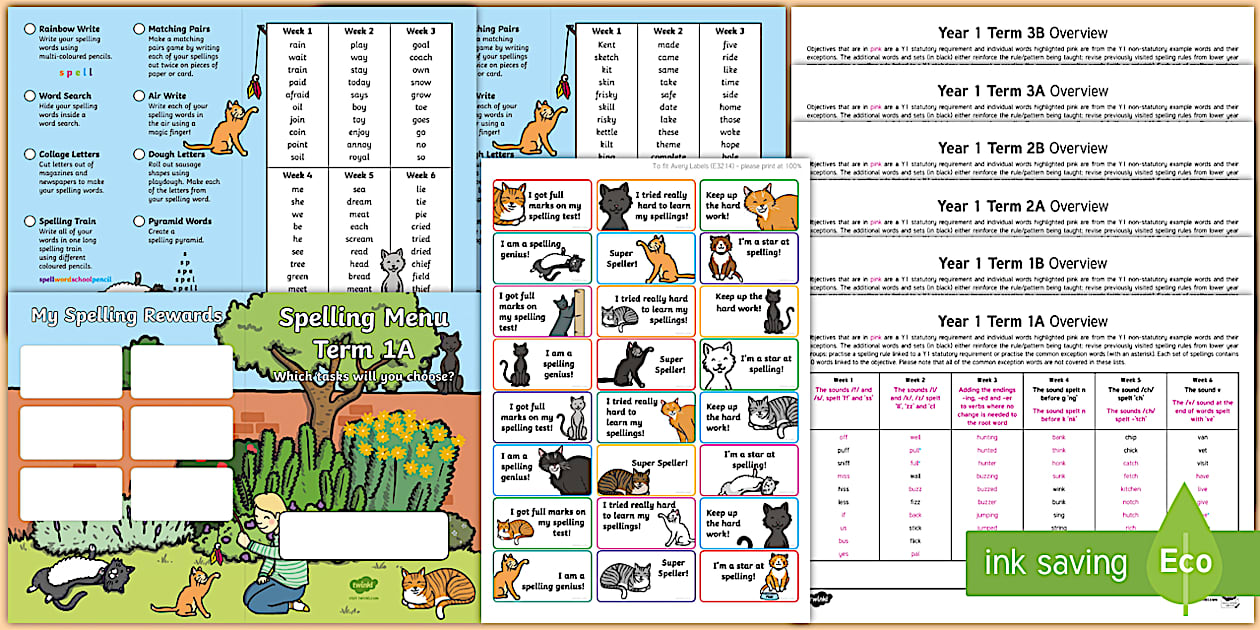 Editable Year 1 Cat-Themed Spelling Menu Pack - Twinkl