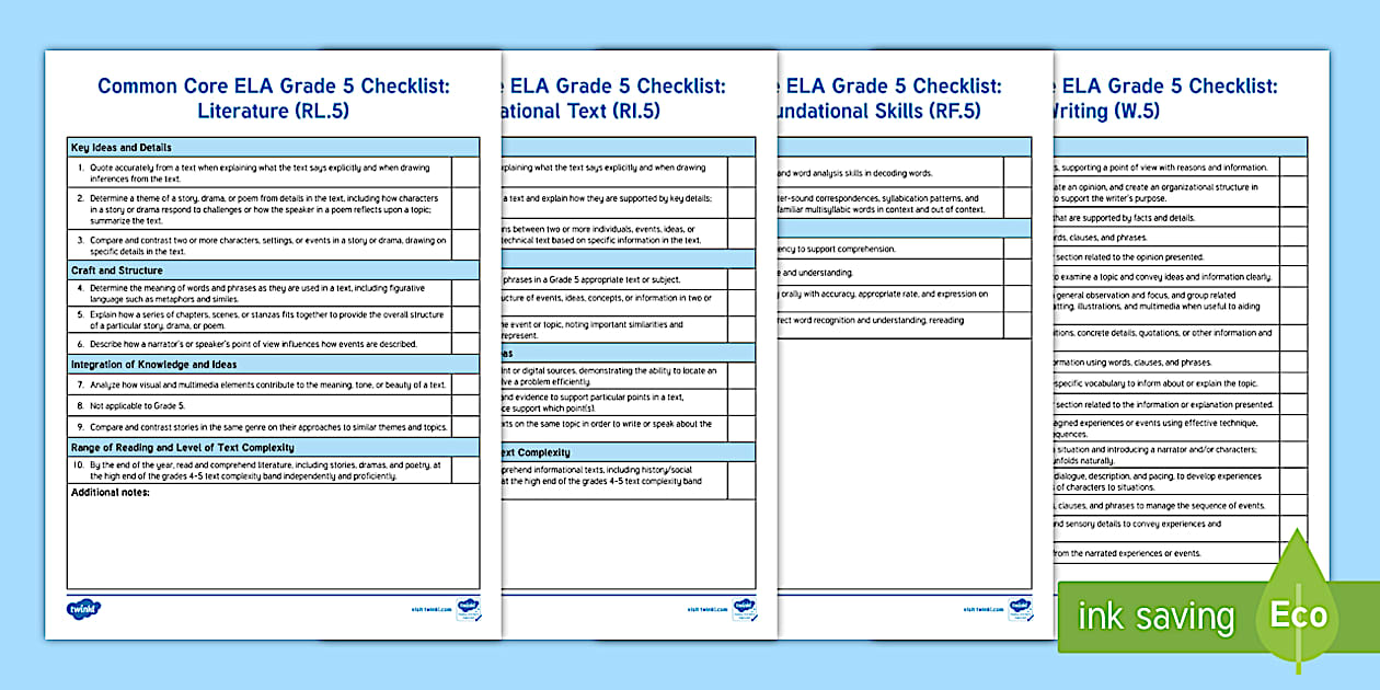 Fifth Grade Common Core ELA Standards Teacher Checklist