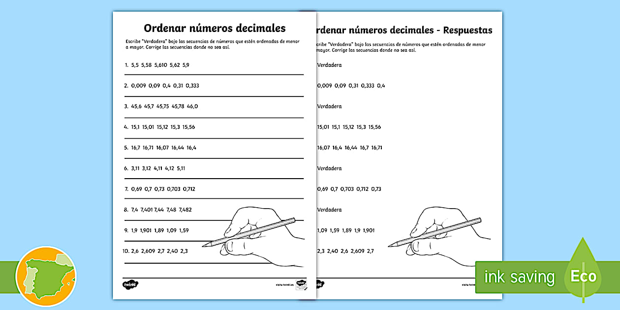 Ficha de actividad: Ordenar los números decimales - Twinkl