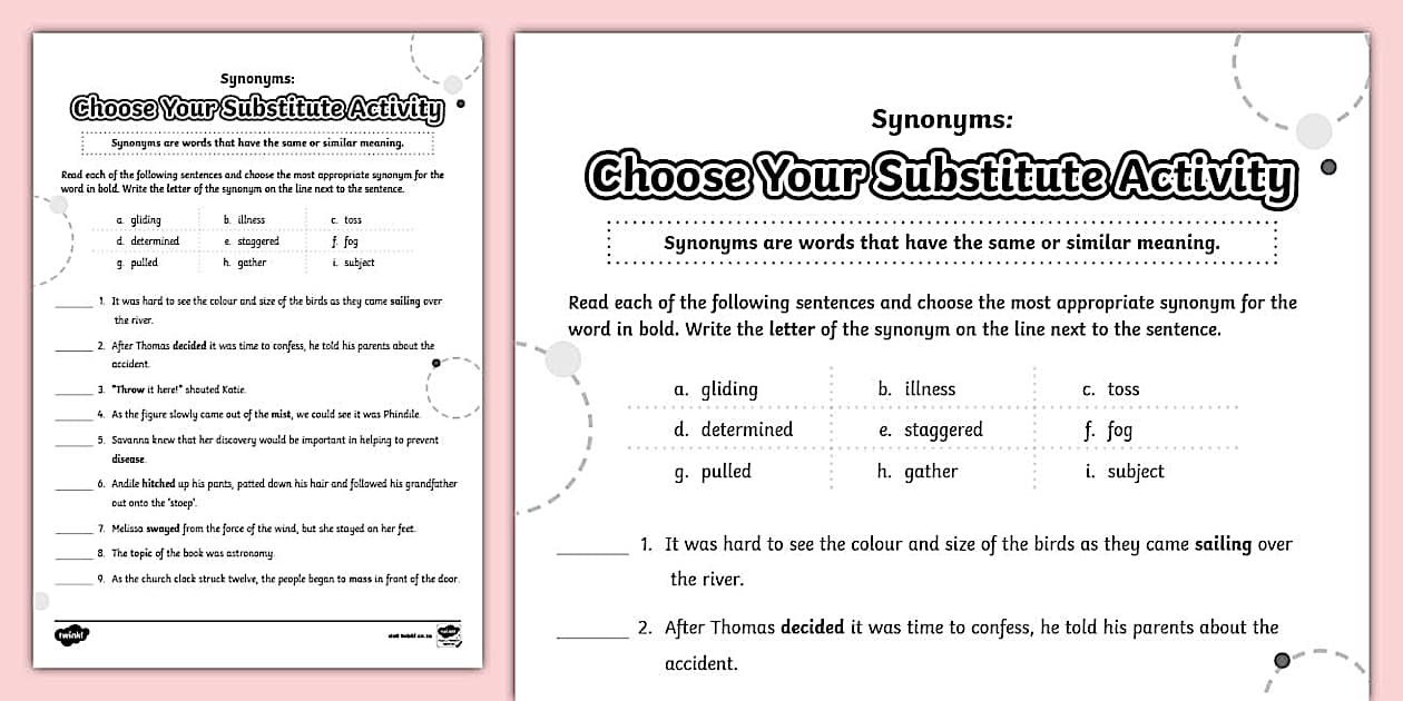 Synonyms: Choose Your Substitute Activity - Twinkl
