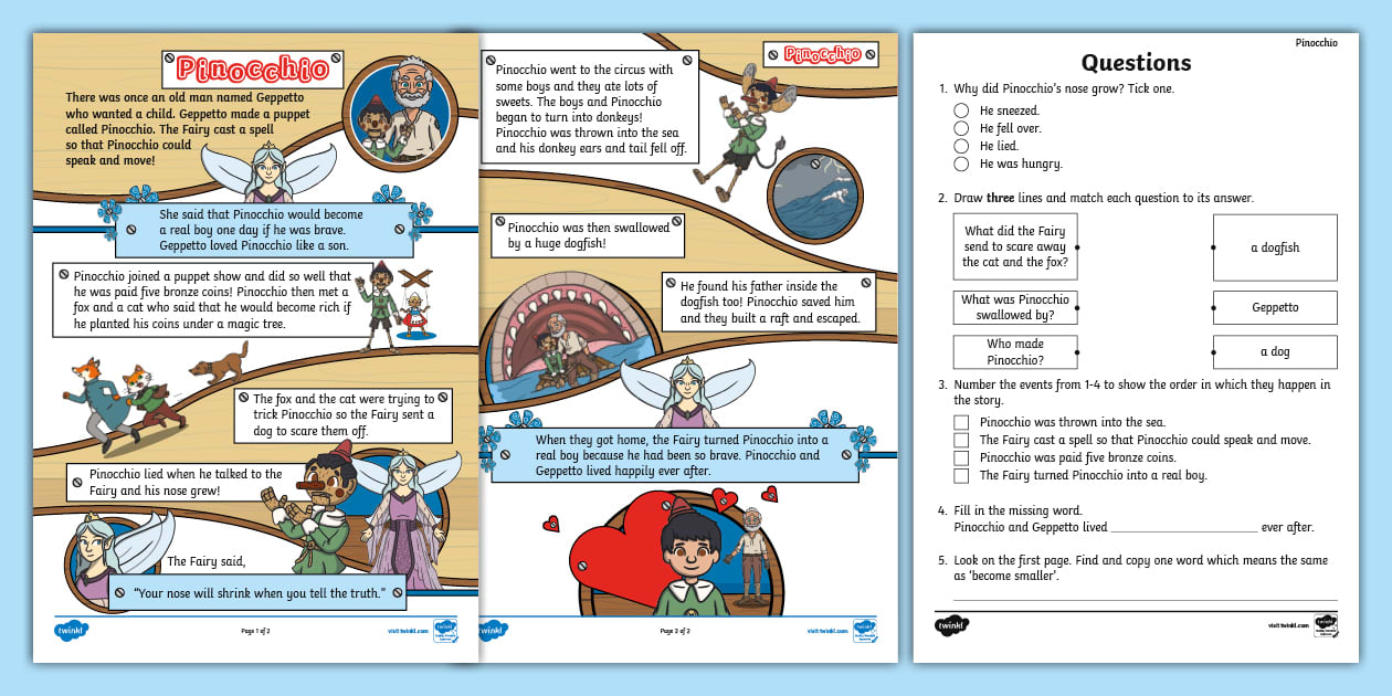 KS1 Pinocchio Reading Comprehension Activity