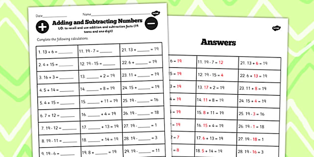 Number Facts to 19 Worksheet Teens Add One Digit - Twinkl