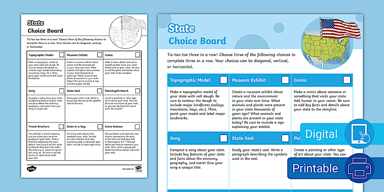Social Studies: State Choice Board (Teacher-Made) - Twinkl