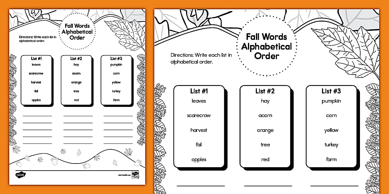 Fall Words Alphabetical Order Worksheet for K-2nd Grade