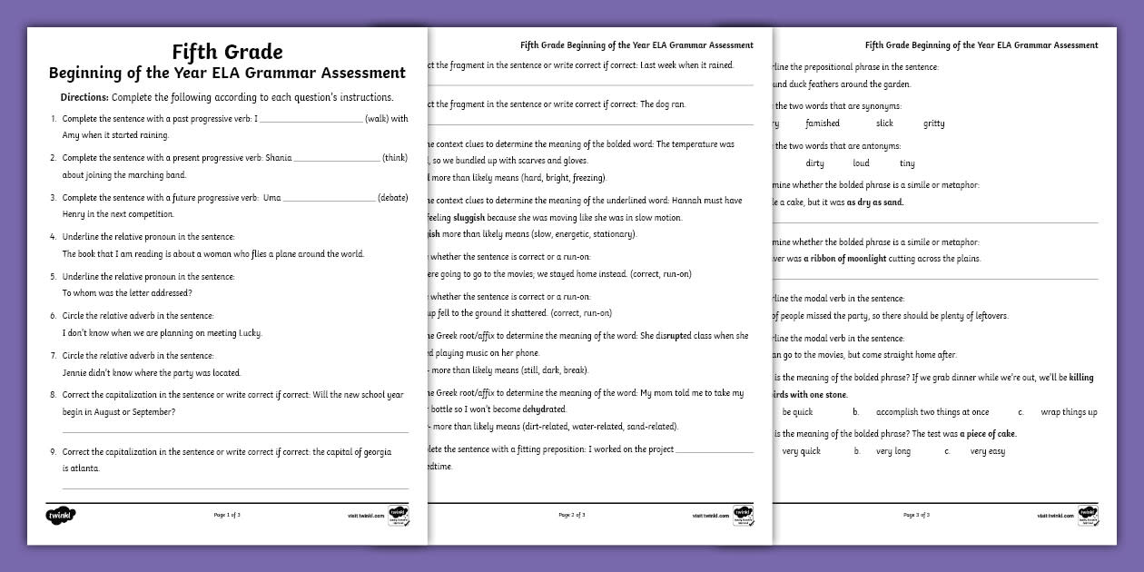 Fifth Grade Beginning of the Year ELA Grammar Assessment