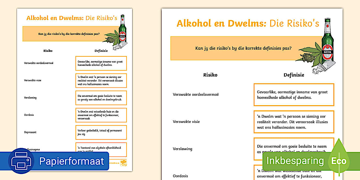 Alkohol en Dwelms die Risiko's Werkkaart (Teacher-Made)