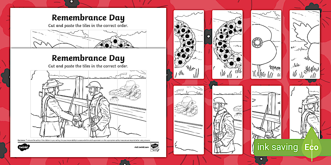 Remembrance Day Colouring Puzzle Strips - Twinkl