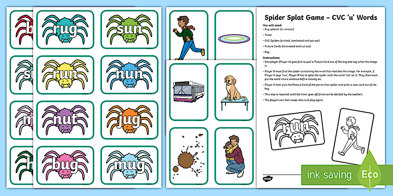 Spider Splat CVC 'u' Words Game (teacher made) - Twinkl