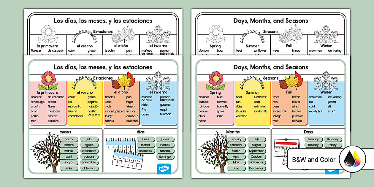 Days, Months and Seasons Word Mat - English/Spanish | Twinkl