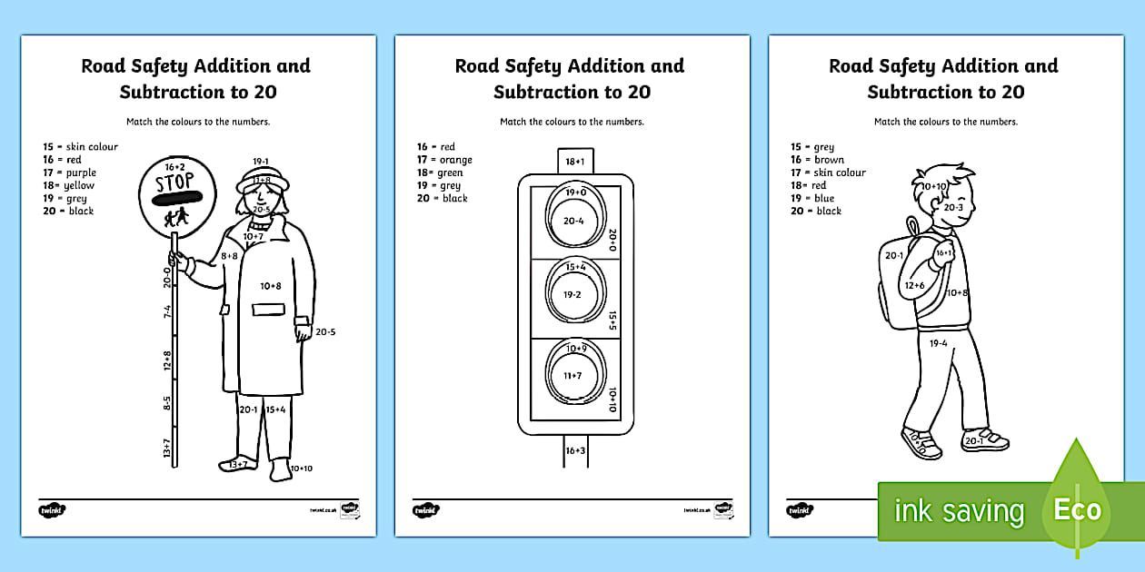 Road Safety Addition and Subtraction to 20 Colour by Number