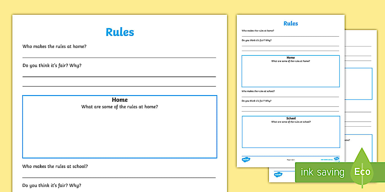 Rules at Home and School Worksheet (teacher made) - Twinkl
