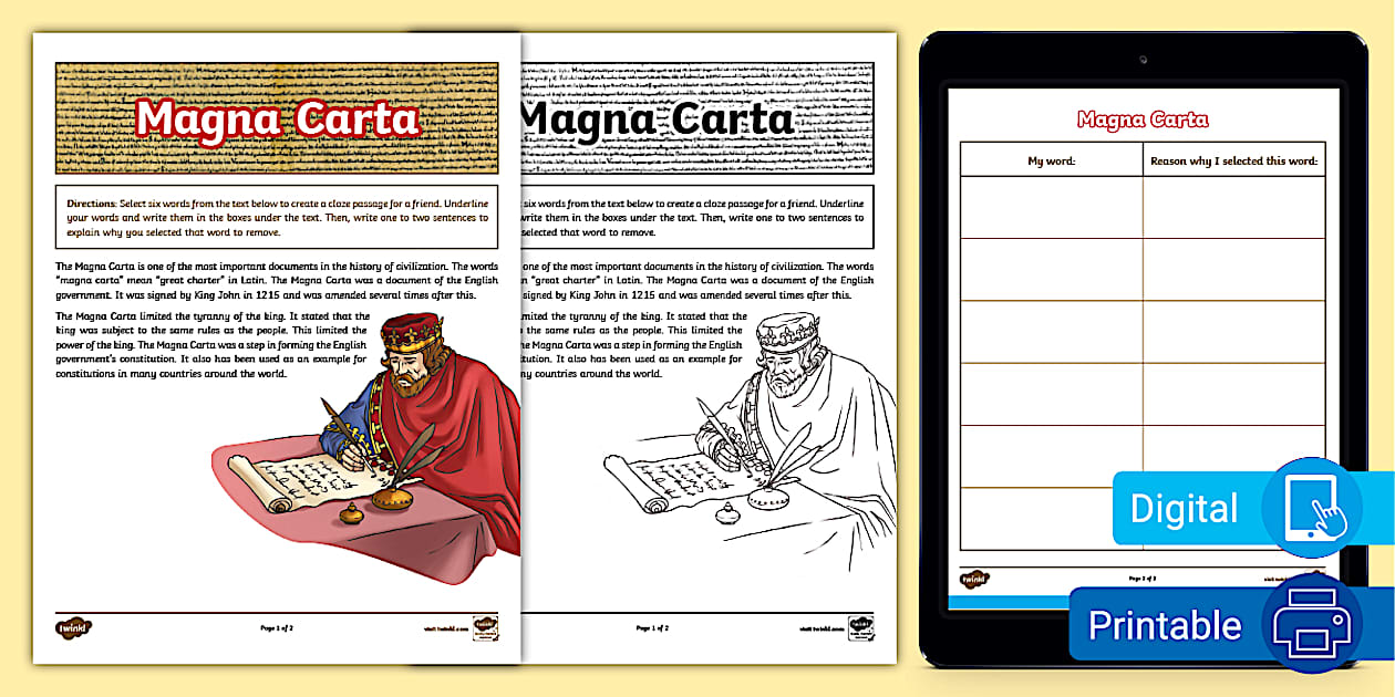 Third Grade Magna Carta Reverse Cloze Worksheet - Twinkl