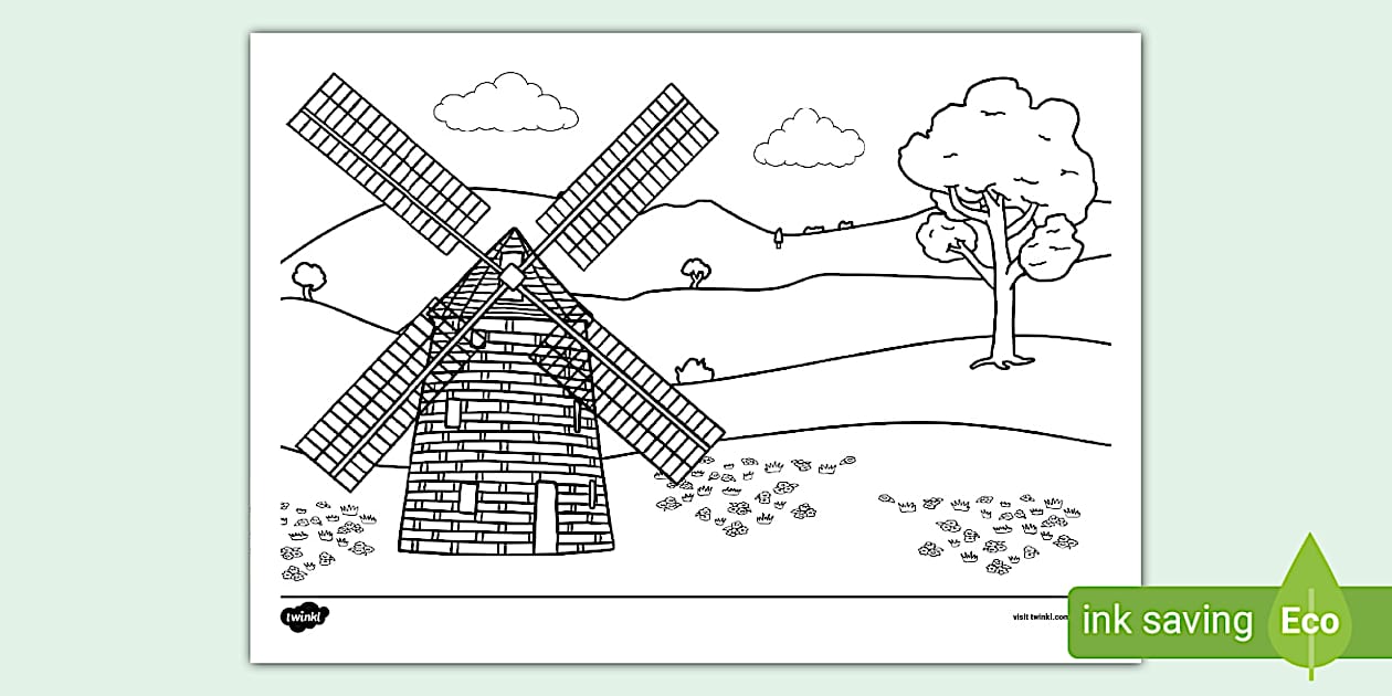 Windmill Colouring Page (teacher made) - Twinkl