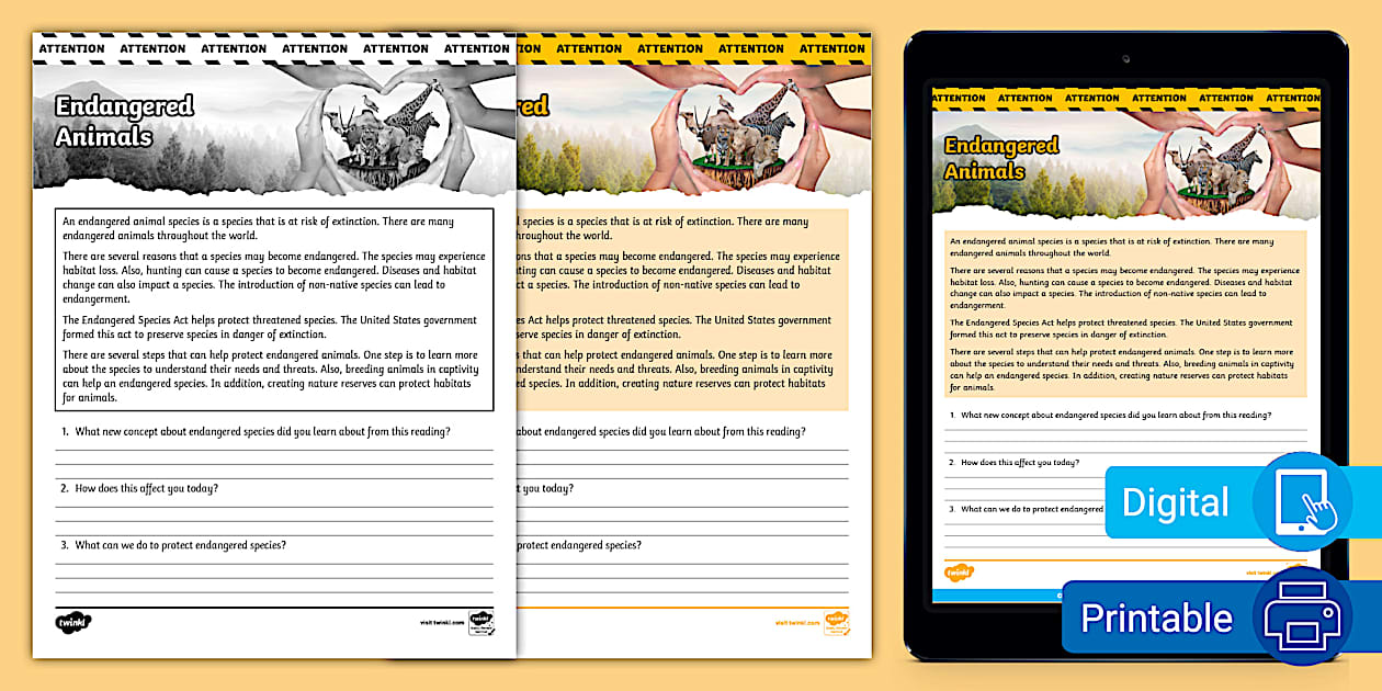 Fourth Grade Endangered Animals Reading Response Worksheet