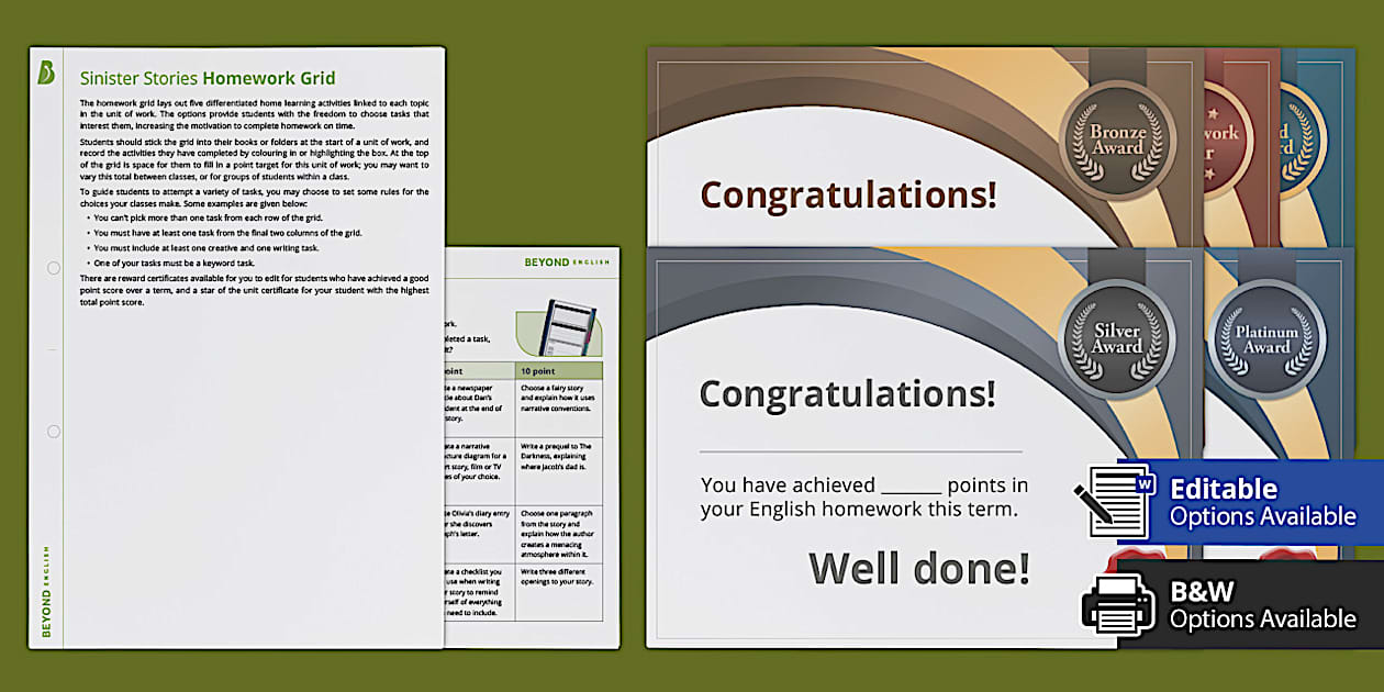 Sinister Stories Homework Grid (teacher made) - Twinkl