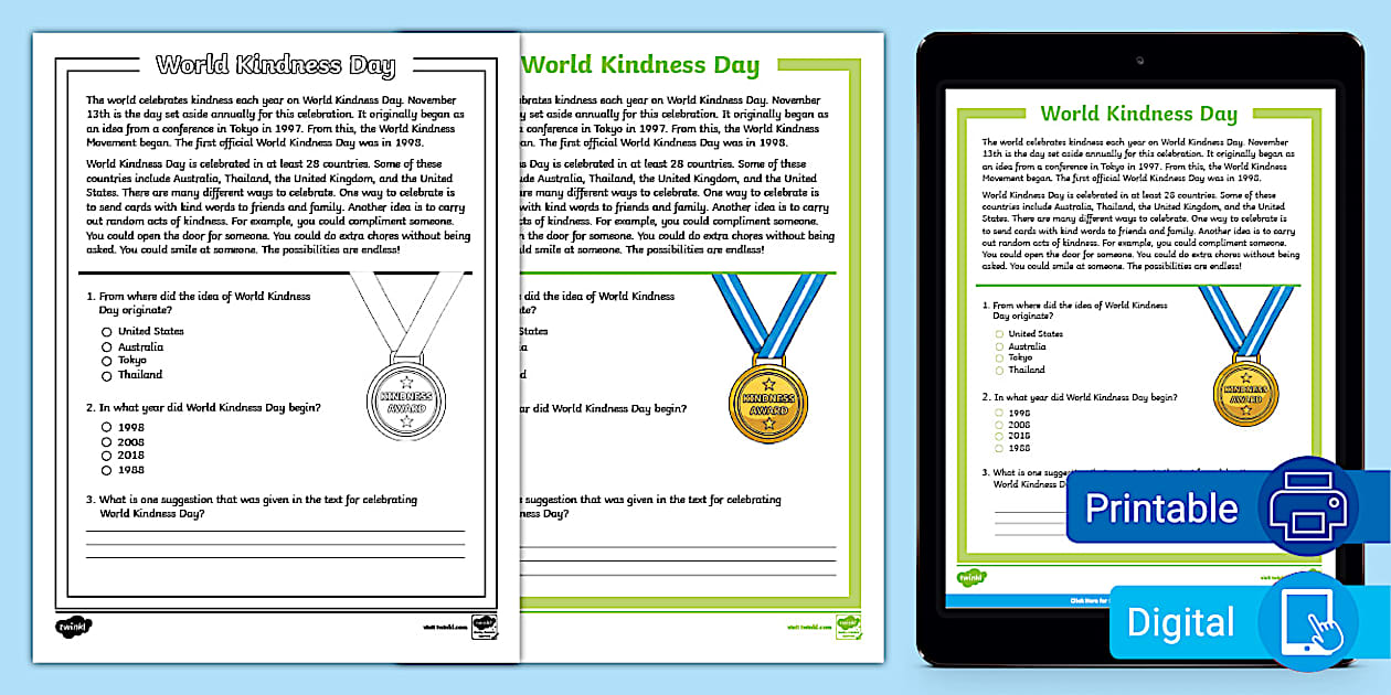 Third Grade World Kindness Day Reading Passage Comprehension