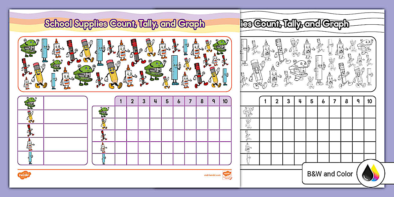 First Grade School Supplies Count, Tally, and Graph Worksheet