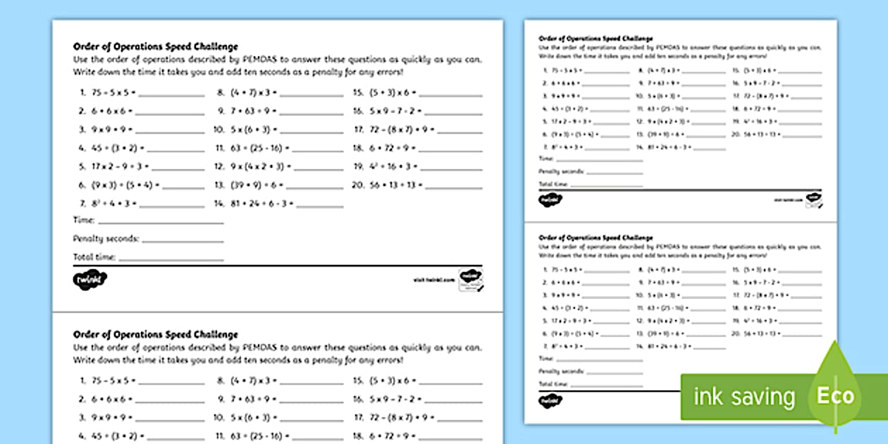 Order of Operations PEMDAS Speed Solving Activity Worksheet for 3rd-5th ...