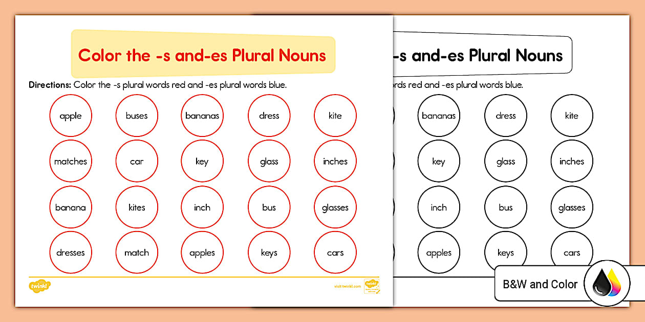 Kindergarten Color the -s and-es Plural Nouns Worksheet