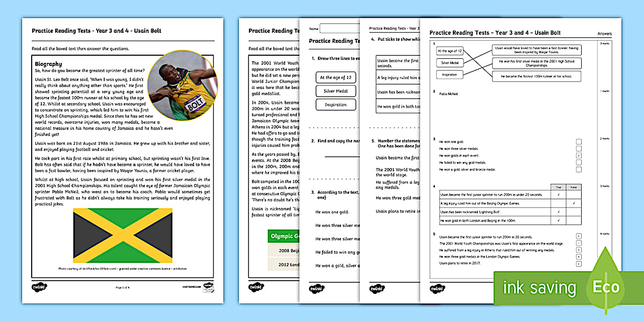 Reading Test Practice for Wales Year 3 and 4 Usain Bolt Test-Welsh