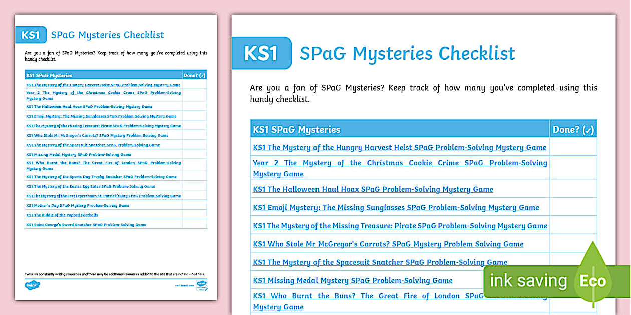 KS1 SPaG Mysteries Checklist (teacher made) - Twinkl