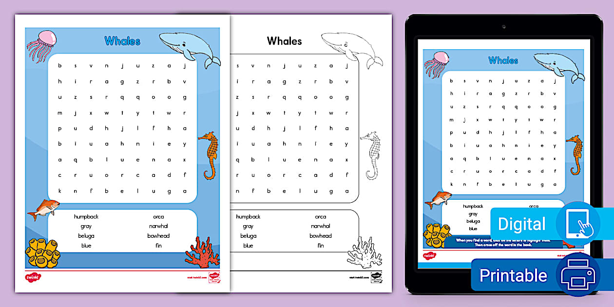 Fun Whale Word Search for 1st Graders | Twinkl USA - Twinkl