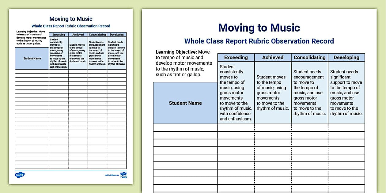 Moving to Music EYLF Assessment Rubric - Twinkl