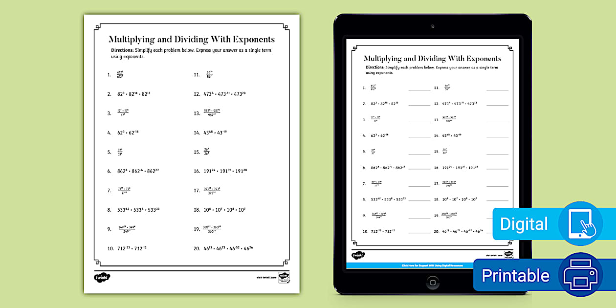 Eighth Grade Multiplying and Dividing With Exponents Worksheet