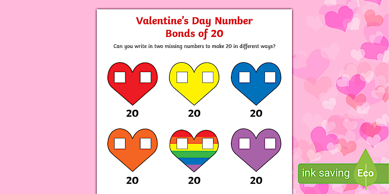 Black and White Valentine's Day Heart Number Bonds of 20 Worksheet