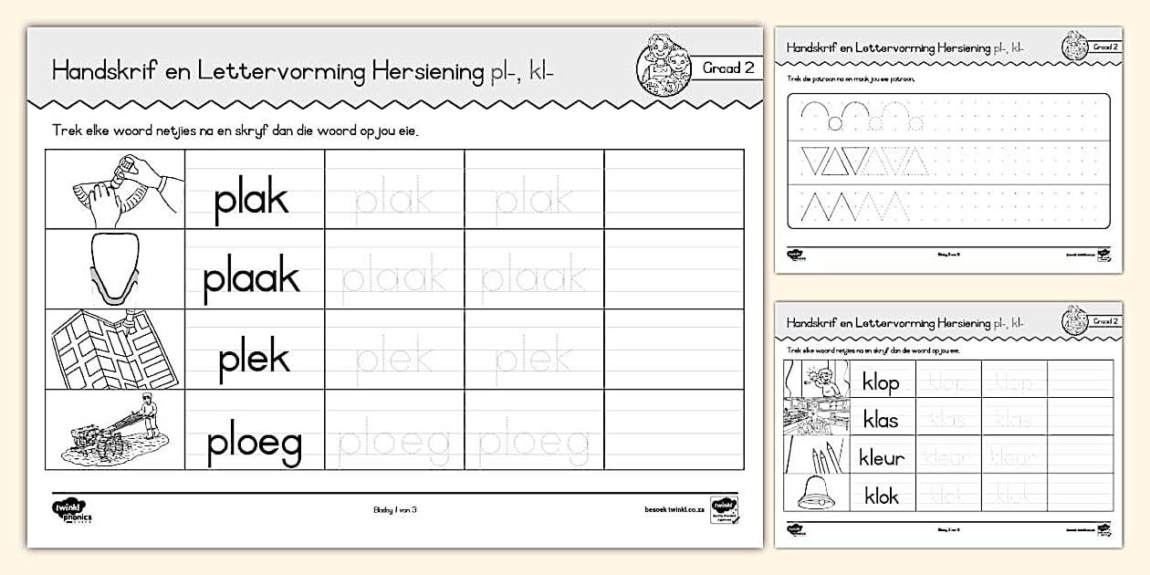 Graad 2 Klanke Handskrif en Lettervorming pl- en kl-
