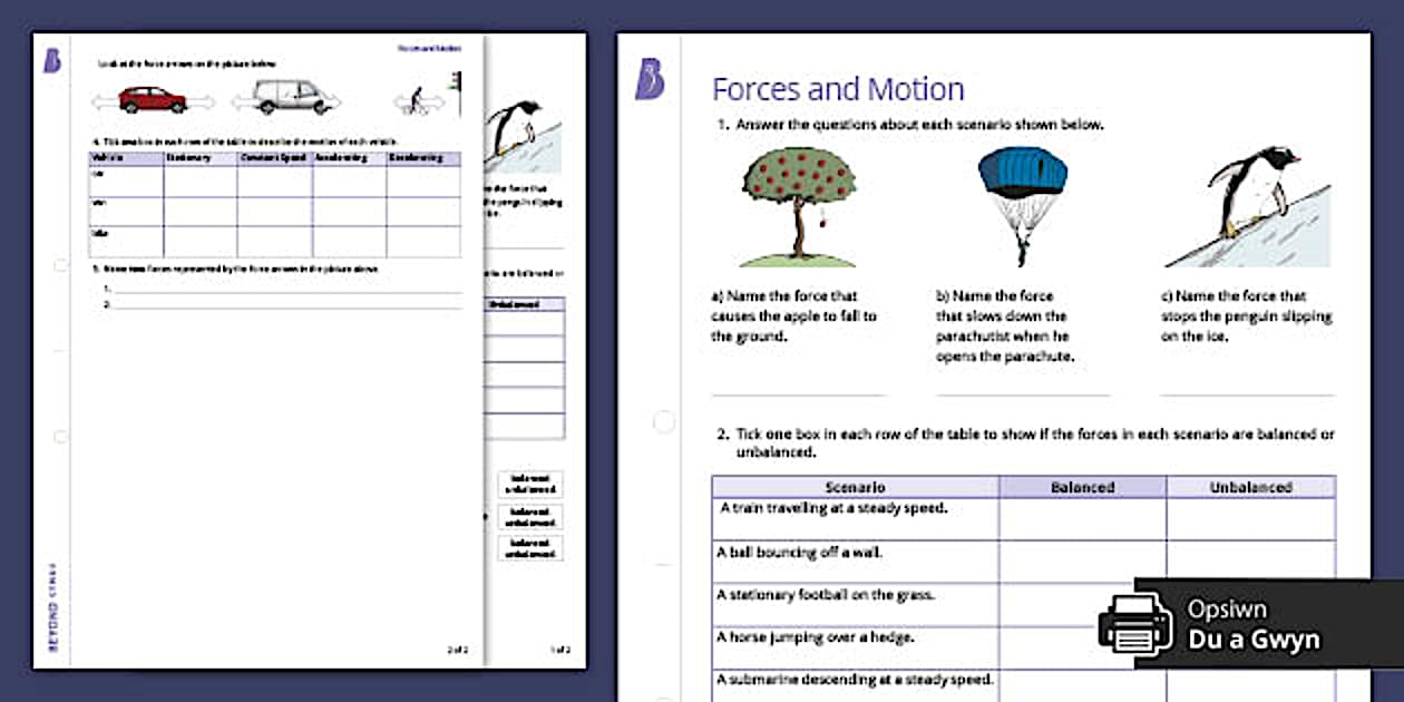 Beyond Cymru: Forces and Motion Differentiated Worksheets