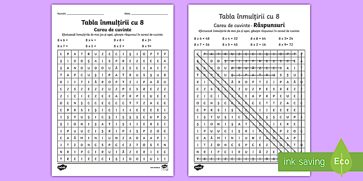 Tabla înmulțirii cu 8 Careu de cuvinte - Twinkl