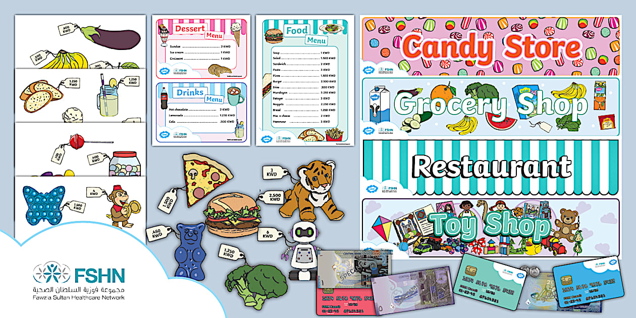 Kuwait Cashier Role Play Pack | Shops and Currency Cut-Outs for Role Play