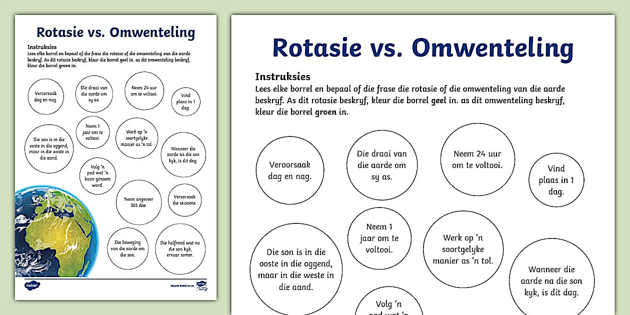 Rotasie vs. Omwenteling Werkkaart (teacher made) - Twinkl