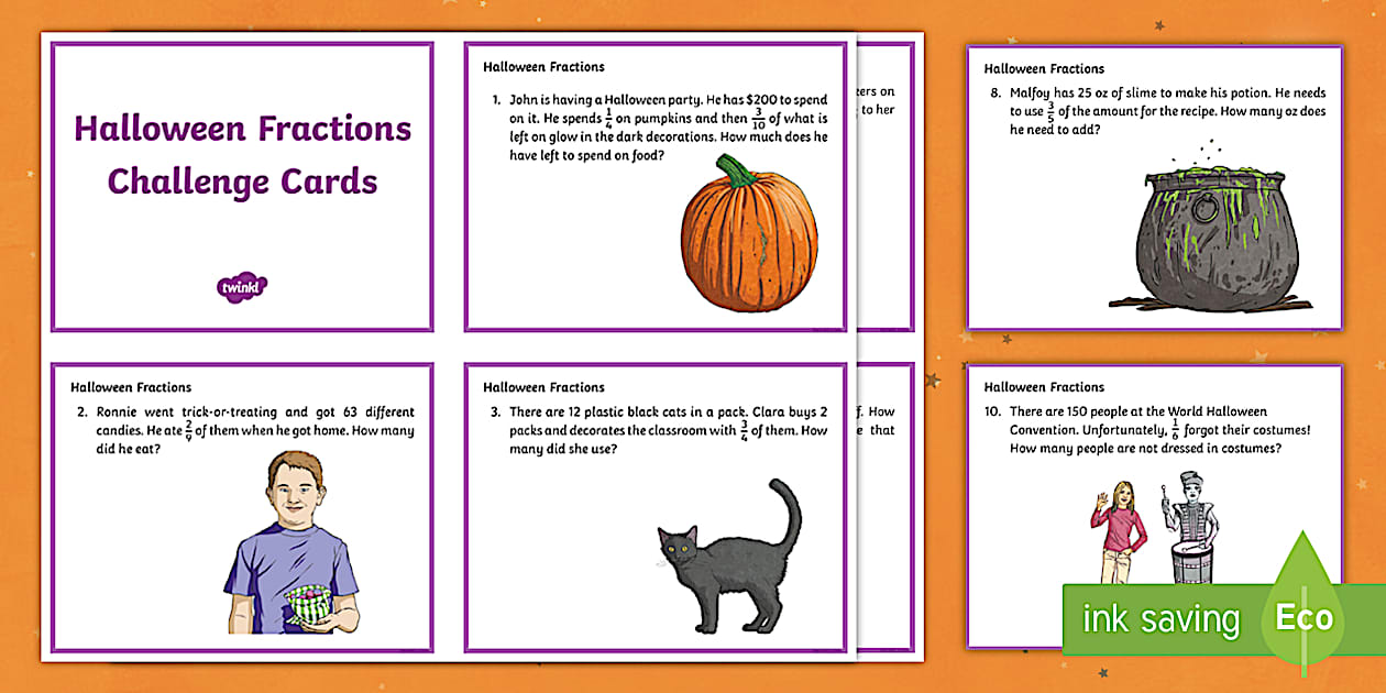 Halloween Multiplying Fractions Challenge Cards - Twinkl