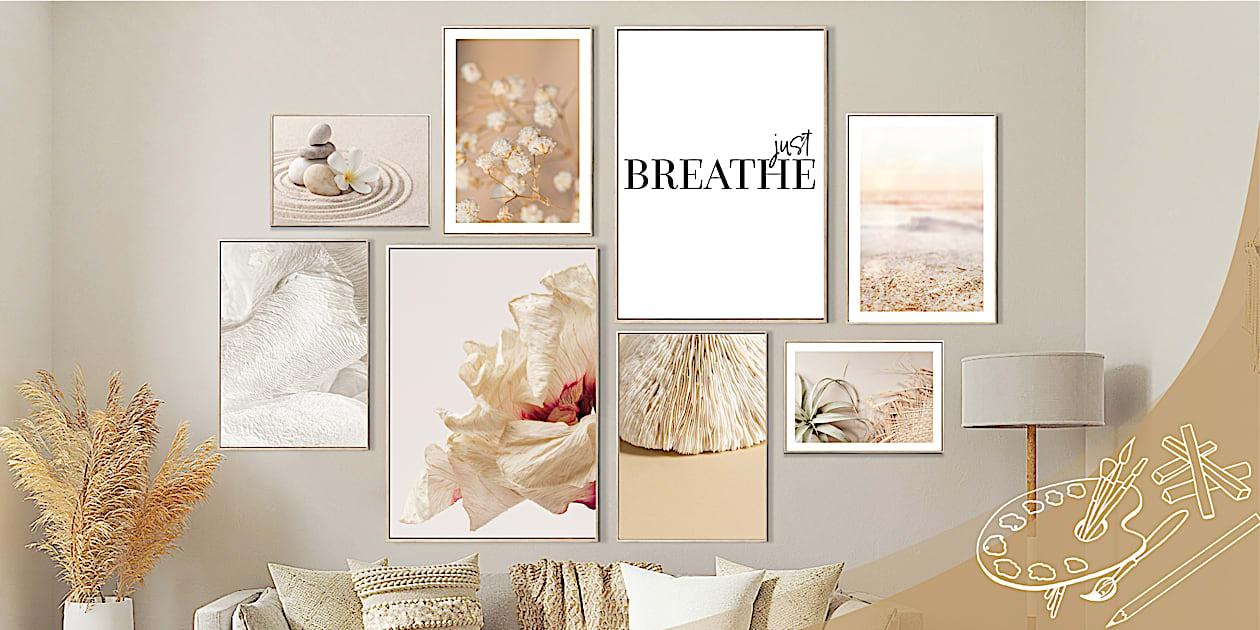 Just Breathe Beige Wall Art Gallery Collection Posters Pack