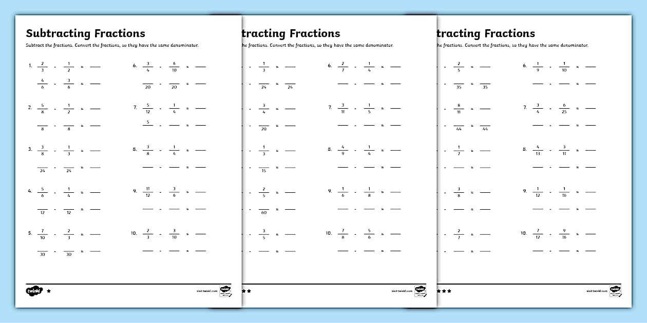 Fifth Grade Subtracting Fractions Worksheets - Twinkl