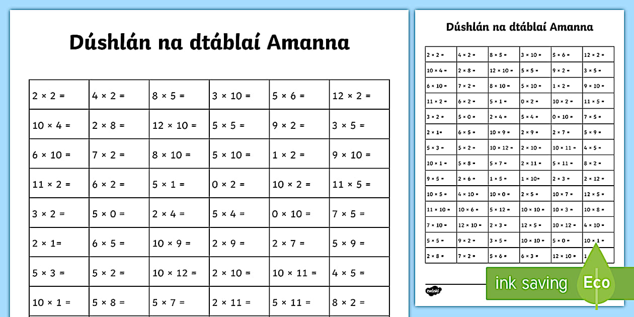 Dúshlán na dtáblaí Amanna Bileog Oibre (teacher made)