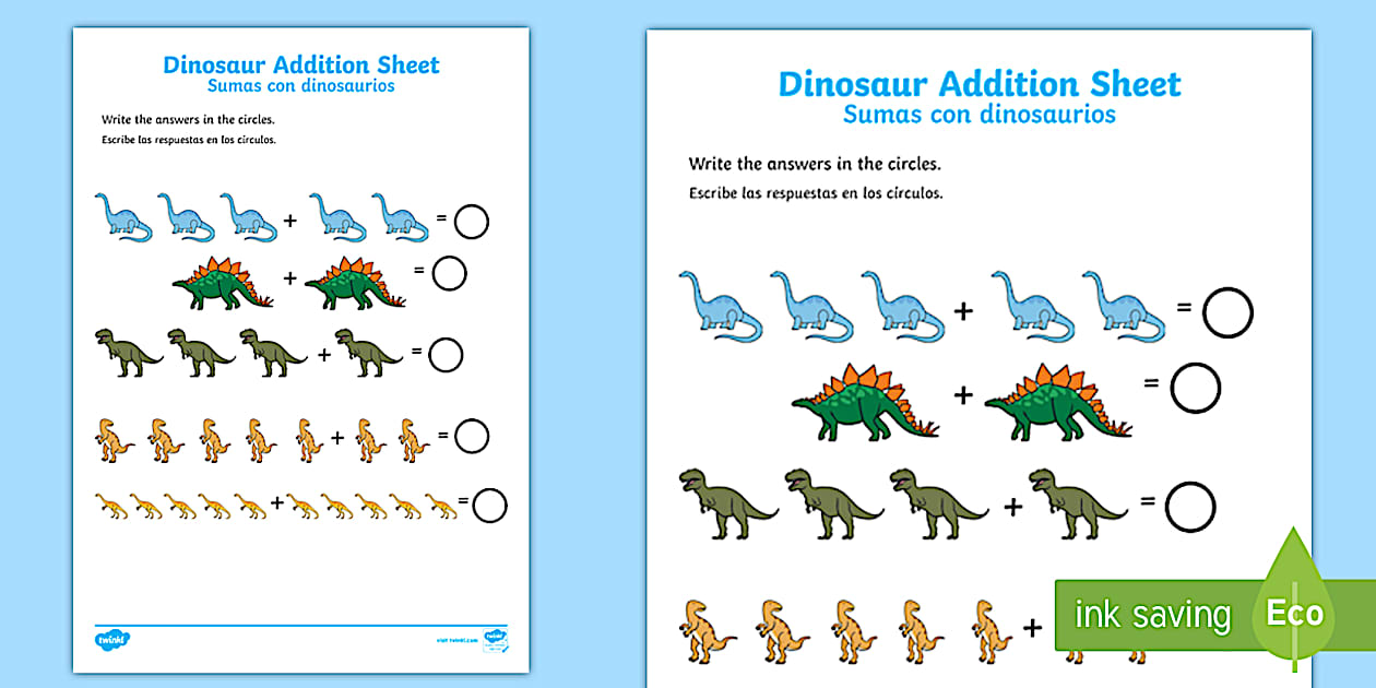 Dinosaur Addition Worksheet / Worksheet - English / Spanish - Dinosaur