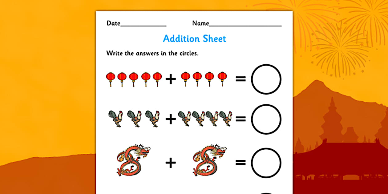 Black and White Chinese New Year Addition Worksheet (Differentiated)