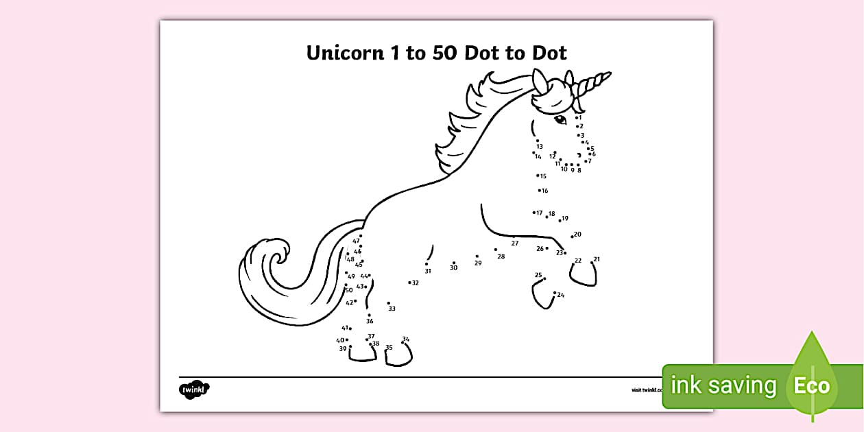 Unicorn-Themed 1 to 50 Dot-to-Dot Worksheet - KS1 - Twinkl