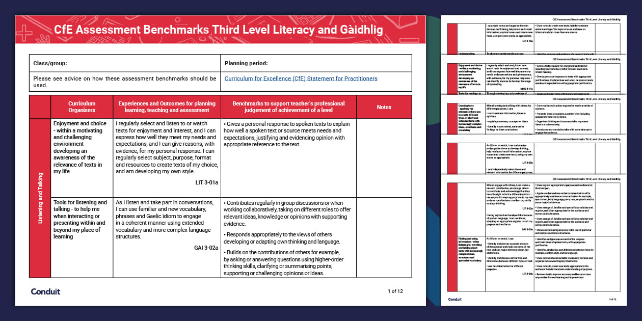 CfE Benchmarks Third Level Literacy and Gàidhlig Assessment Tracker