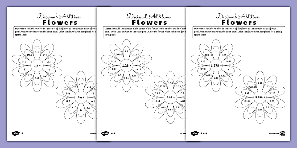 Sixth Grade Decimal Addition Flowers Differentiated Worksheet