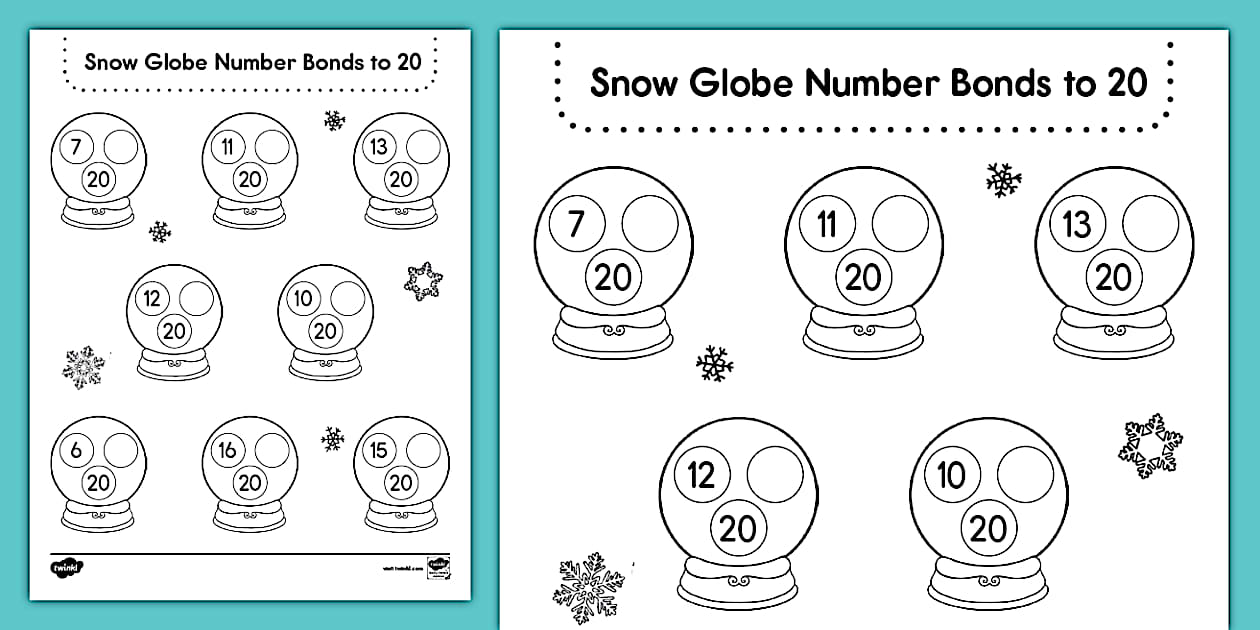 Second Grade Snow Globe Number Bonds to 20 Worksheet