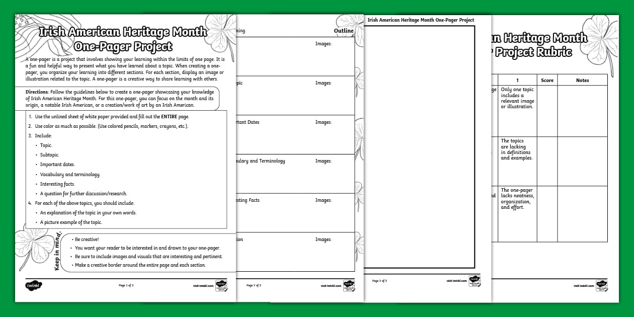 Irish American Heritage Month One-Pager Project With Rubric
