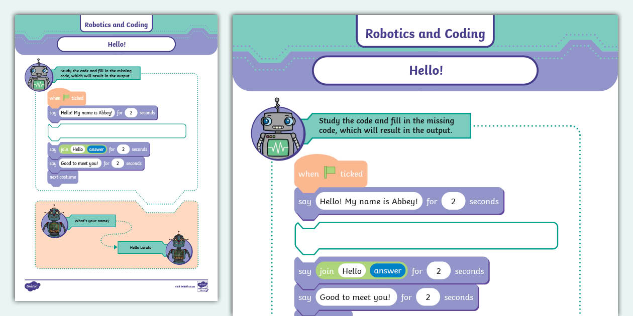 Robotics and Coding - Block-based Coding Hello - Twinkl