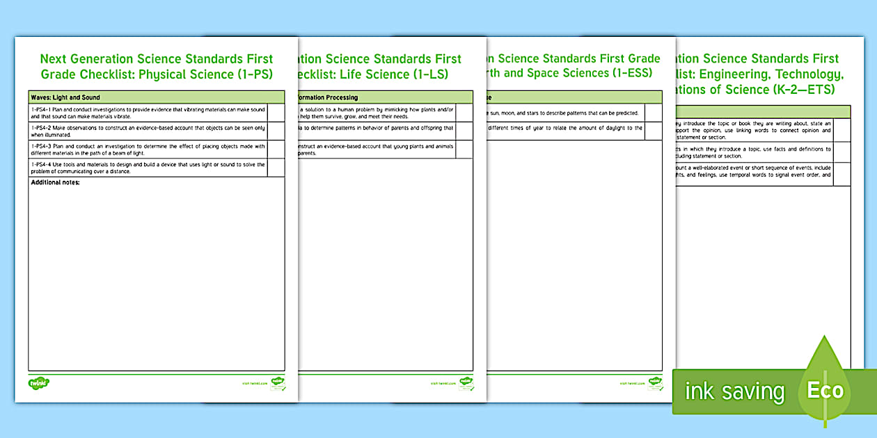 Next Generation Science Standards First Grade Checklist