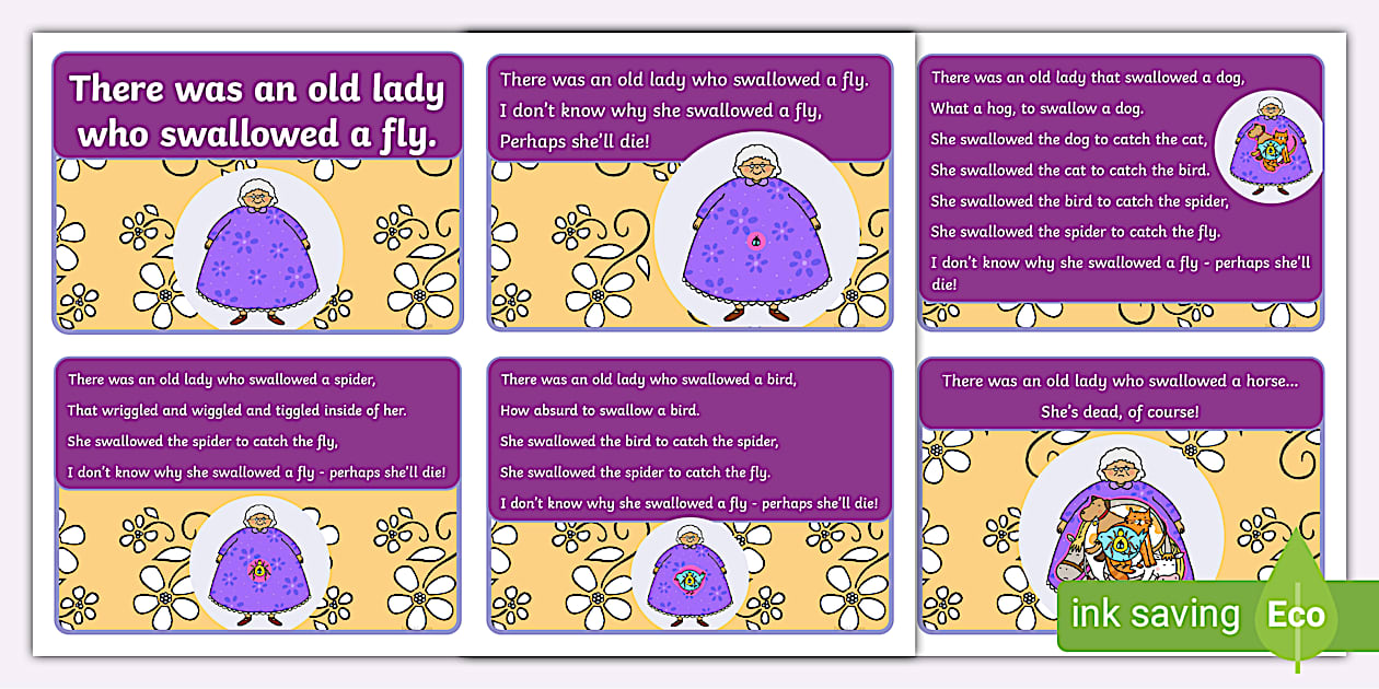 Black and White There Was an Old Lady Who Swallowed a Fly Sequencing Cards