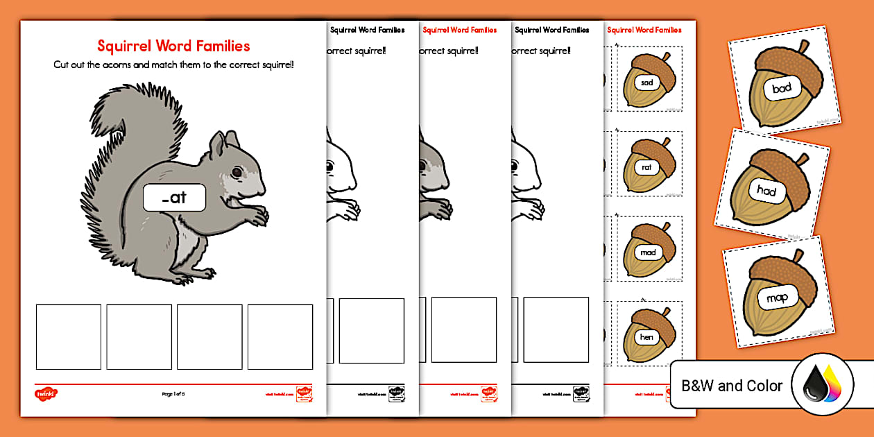 Squirrel and Acorn Word Families Matching Game for K-1st Grade